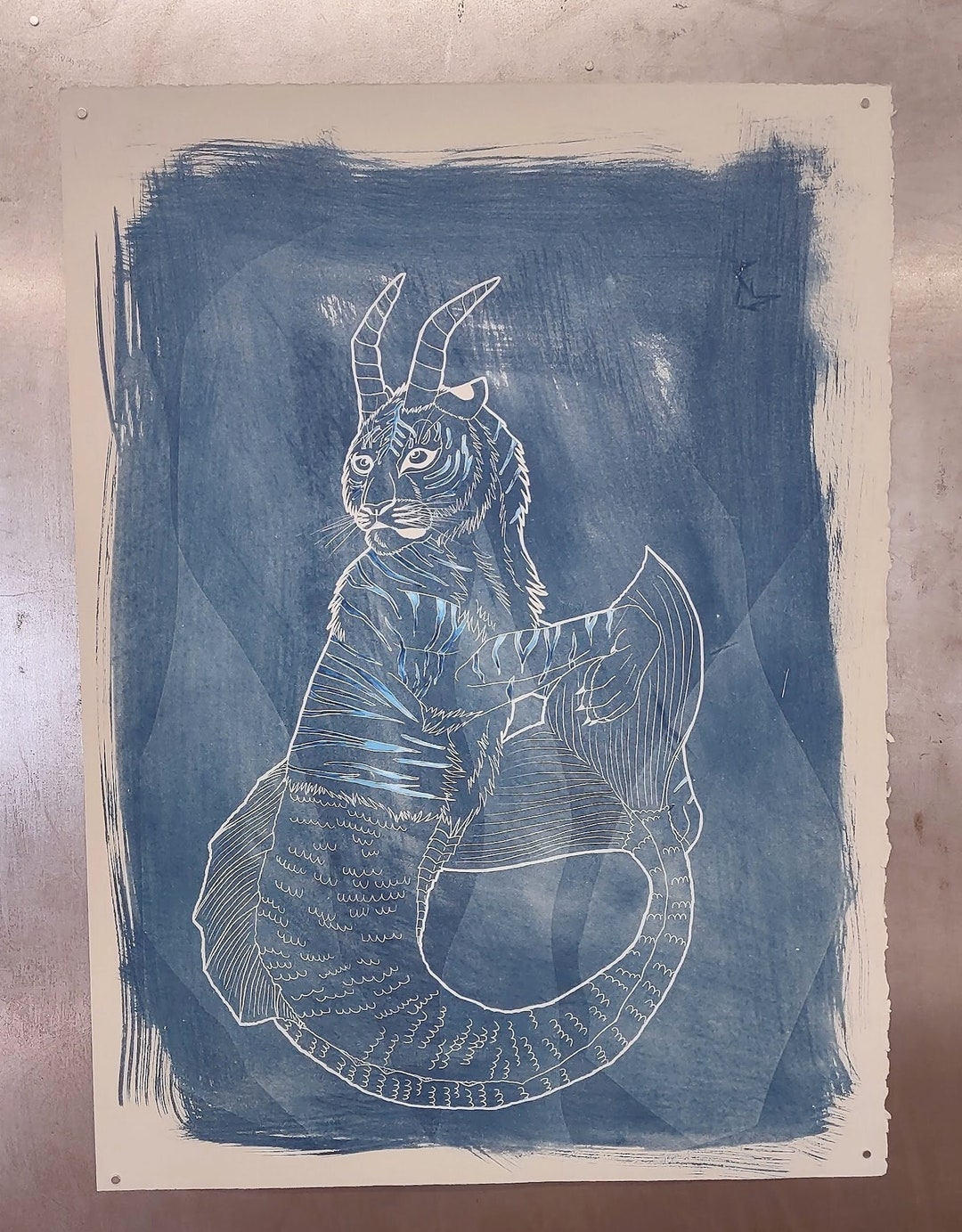 Original Cyanotype Print Illustration Cryptid Creature Drawing Blue ...