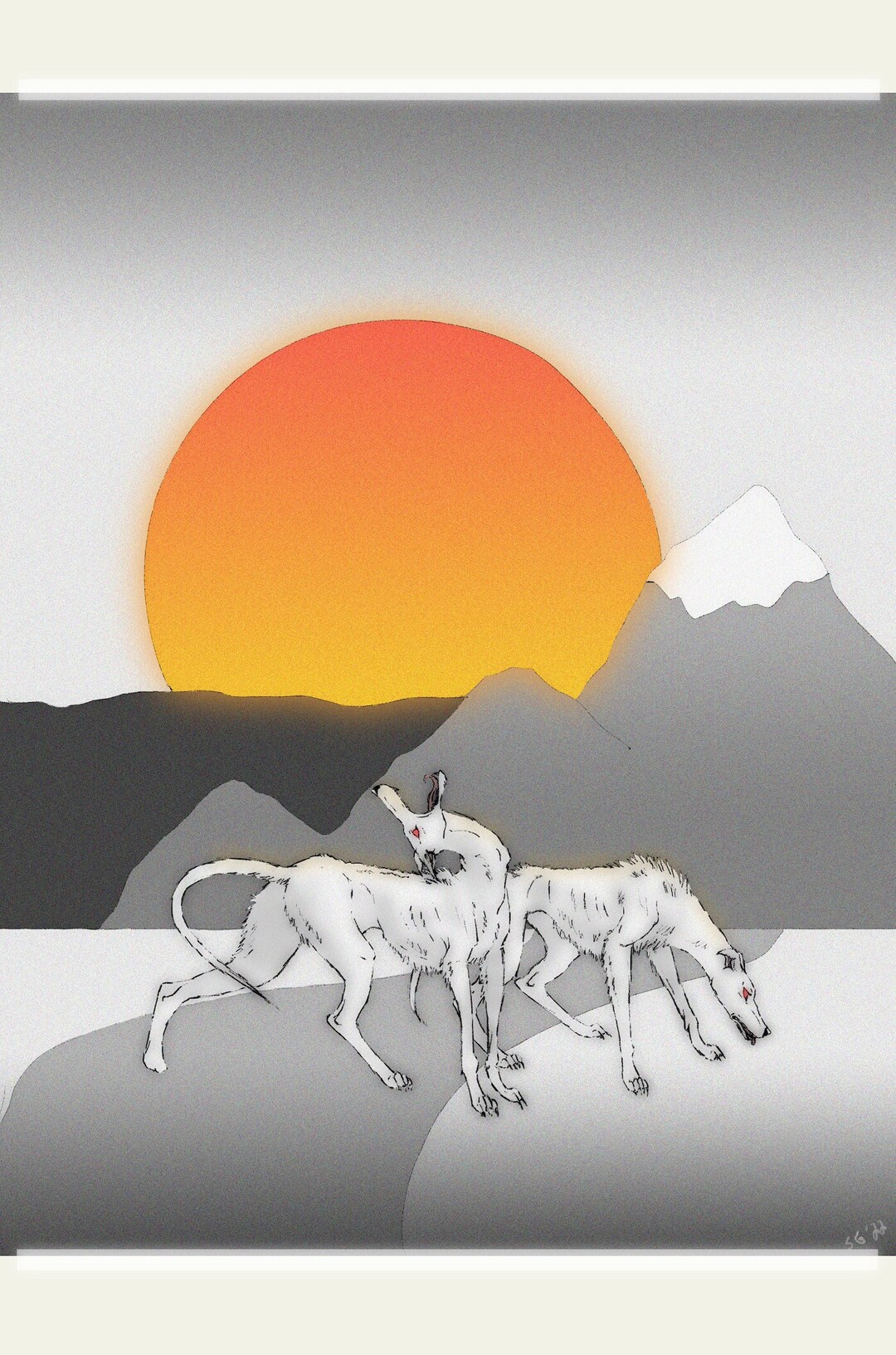 Spooky Art Prints 8x12 White Hound Dogs Orange Sun Tapestry Art Haunted ...
