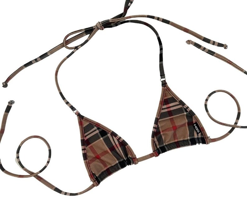 Tan Plaid Micro Bikini Top String Swimwear Plaid Multi Minimal Coverage Bikini Tiny Thong
