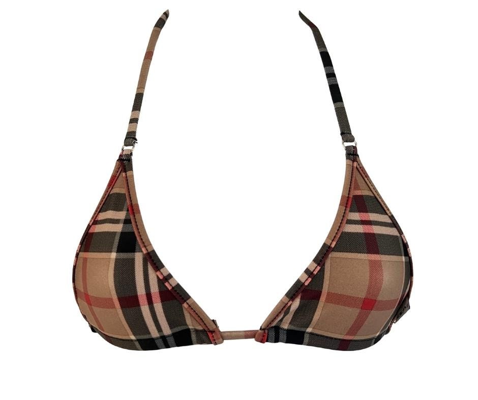Tan Plaid Micro Bikini Top, String Swimwear, Plaid Multi Minimal ...