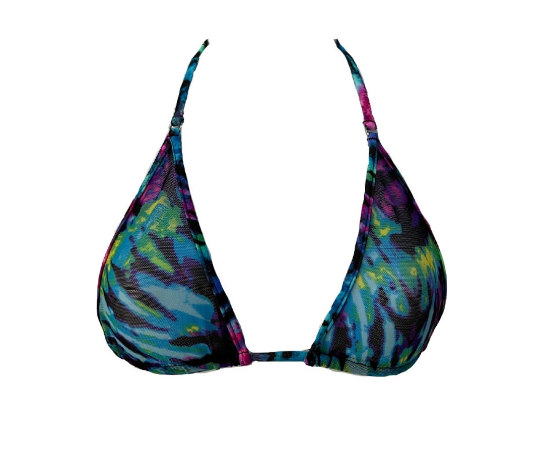 Sheer Purple Blue Tie Dye Micro Bikini Top, Sexy String Swimwear, Minimal Coverage Bikini Top ...