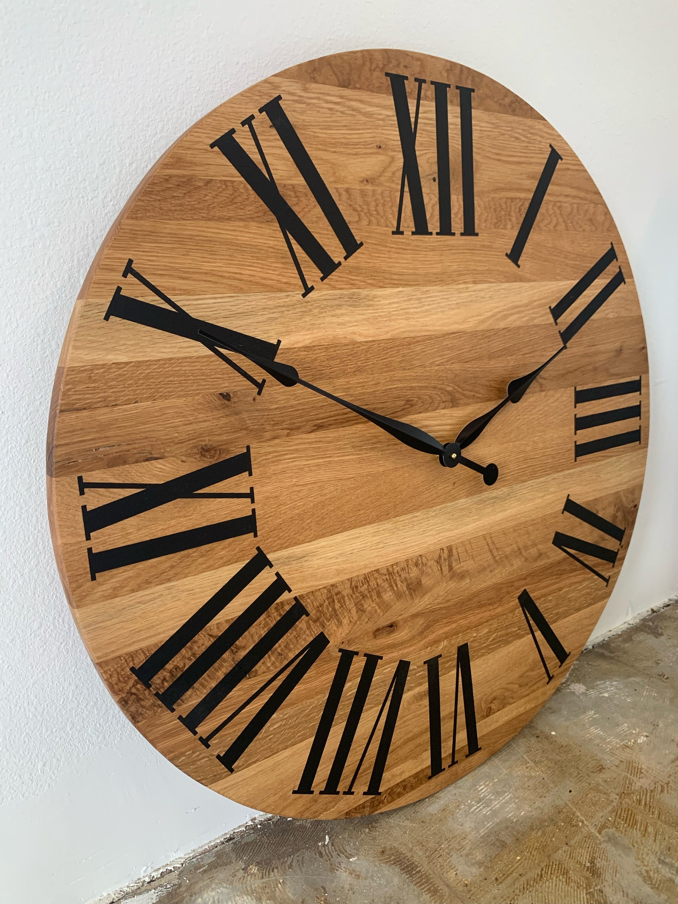 Large White Oak Clock, Large Wall Clock, Wooden Clock, Roman Numerals ...