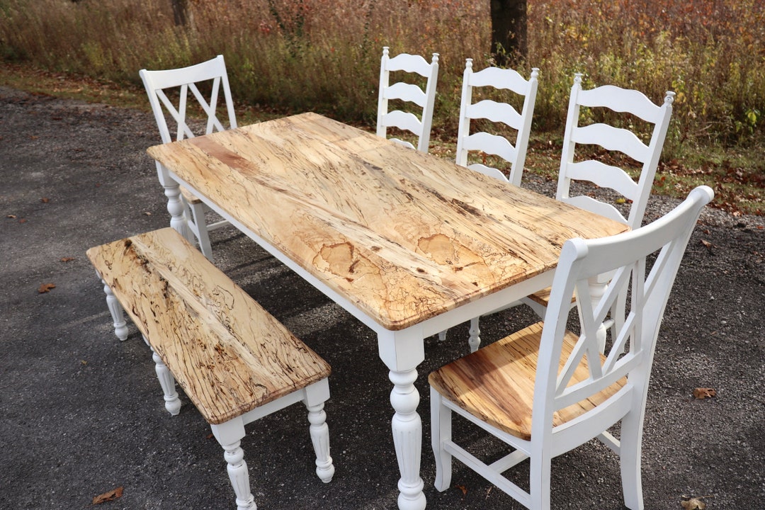 White and Spalted Maple Dining Table Set, 1 Table, 5 Chairs, and 1 ...