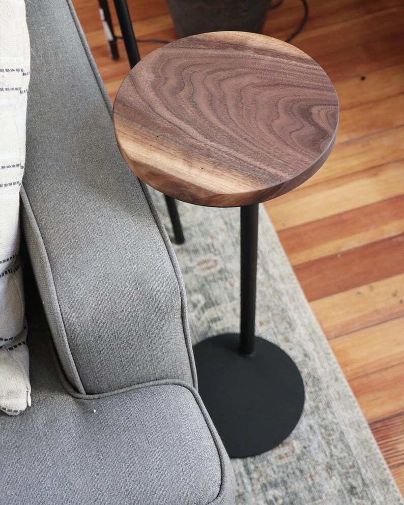 Live-edge Walnut, Round Industrial Side Table, Gift for Her, Gift for ...
