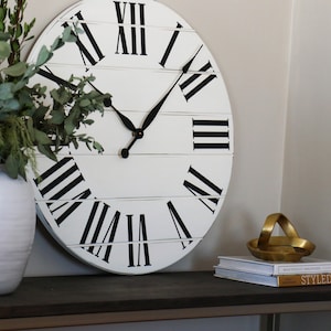 White Farmhouse Clock, Slightly Distressed, Wooden Clock, Wall Clock ...