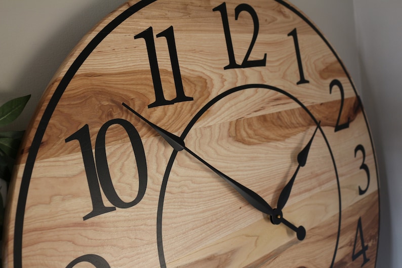 Hickory Wood Clock Regular numbers wooden clock large wall | Etsy