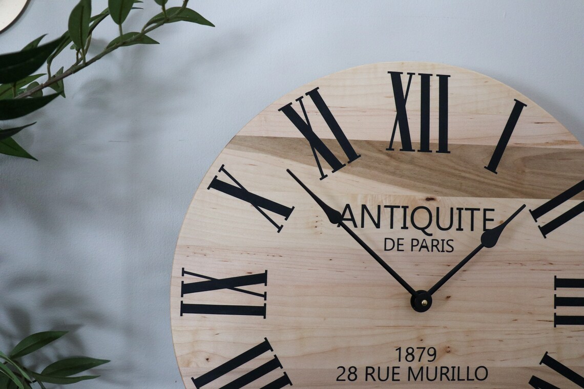 Large French Style Maple Wall Clock With Black Roman Numerals, Wooden ...