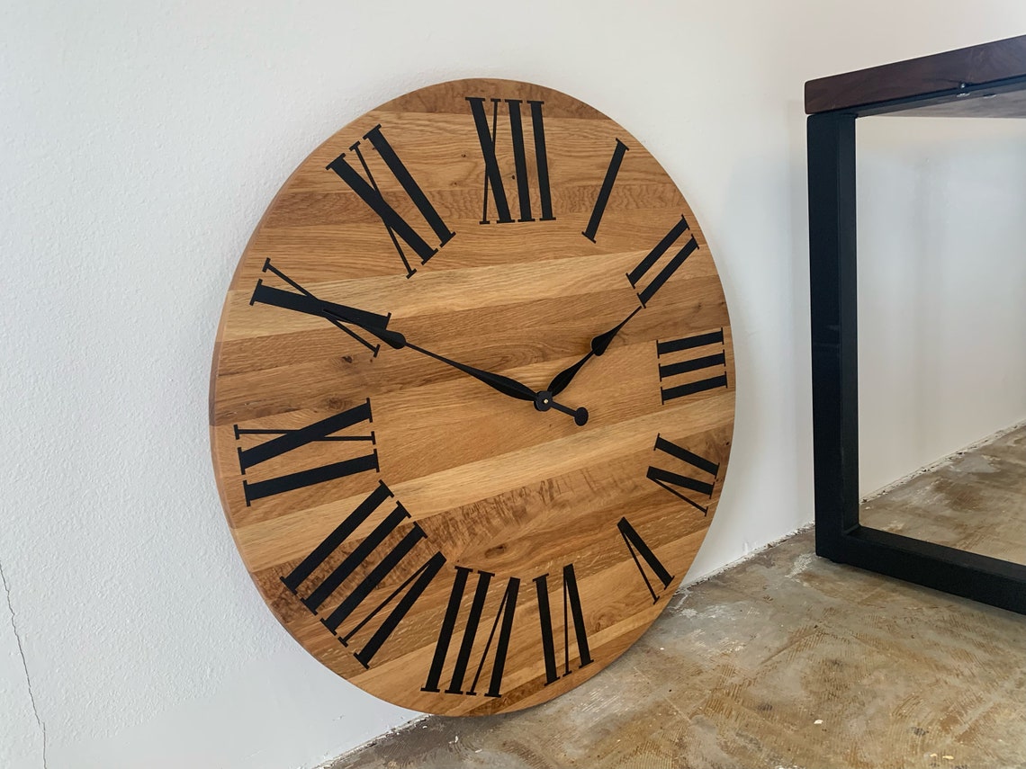 Large White Oak Clock, Large Wall Clock, Wooden Clock, Roman Numerals ...