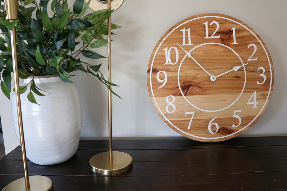 Hickory Wood Clock, Regular Numbers, Wooden Clock, Large Wall Clock ...