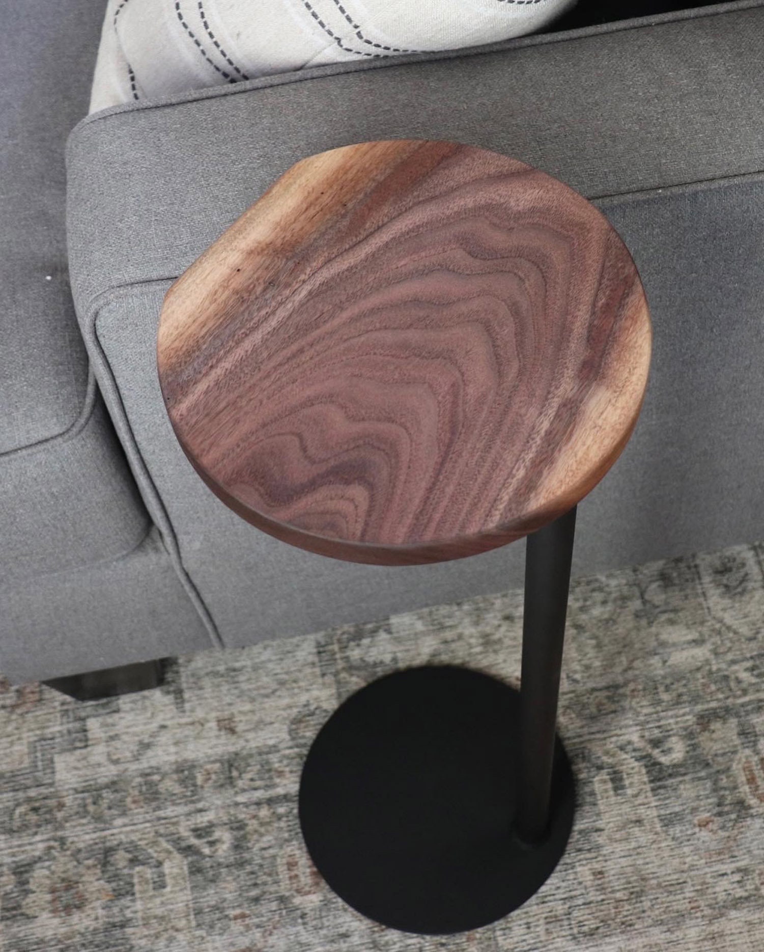 Live-edge Walnut, Round Industrial Side Table, Gift for Her, Gift for ...