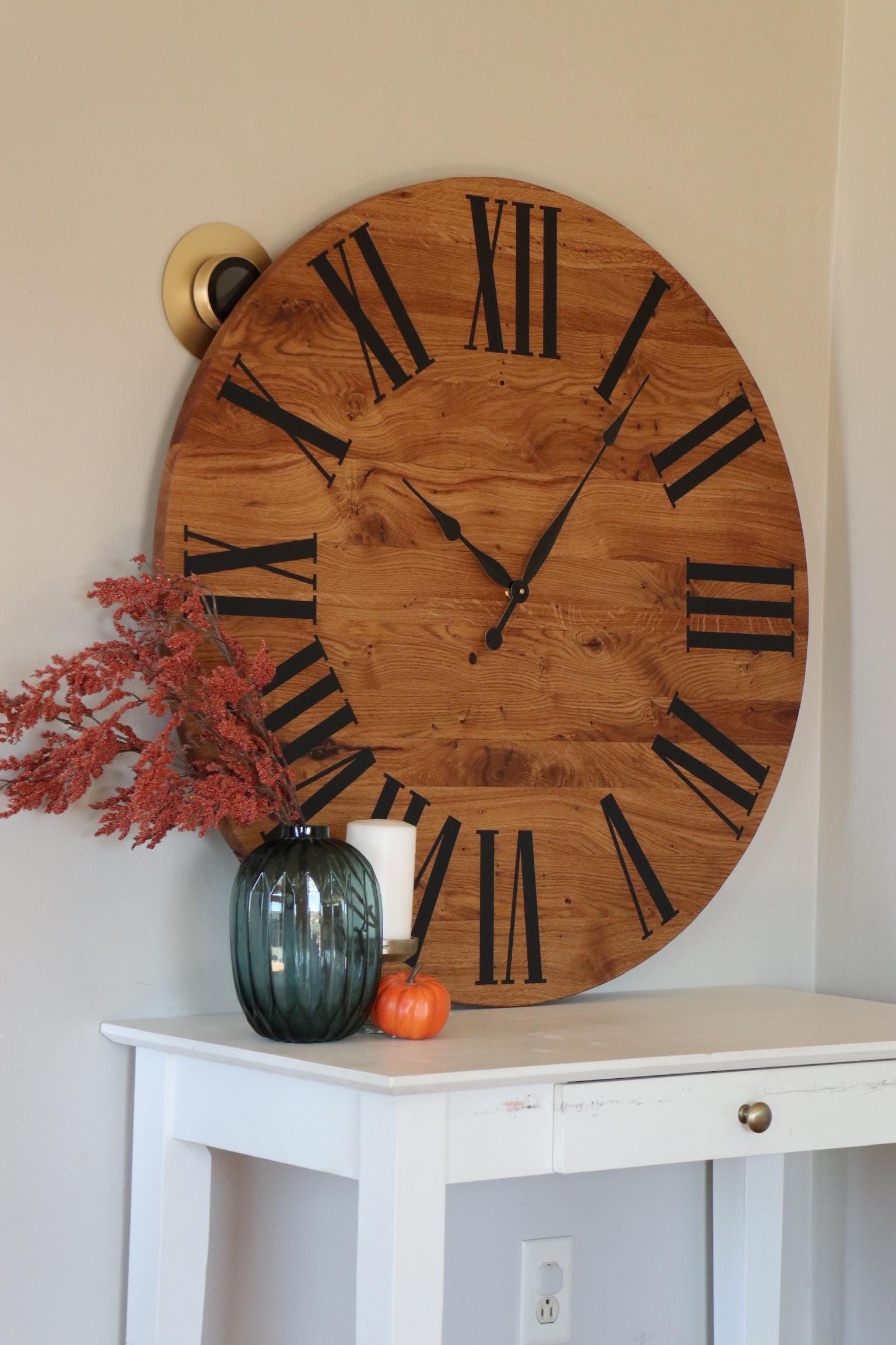 Large White Oak Clock, Large Wall Clock, Wooden Clock, Roman Numerals ...