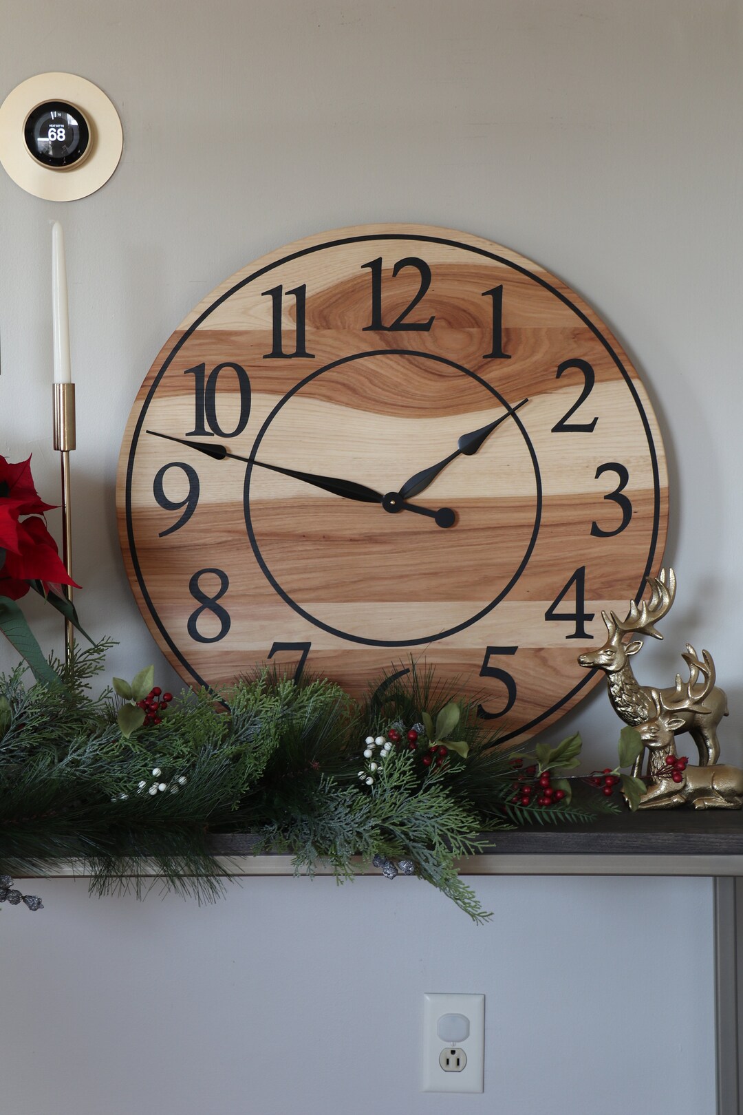 Hickory Wood Clock, Regular Numbers, Wooden Clock, Large Wall Clock ...