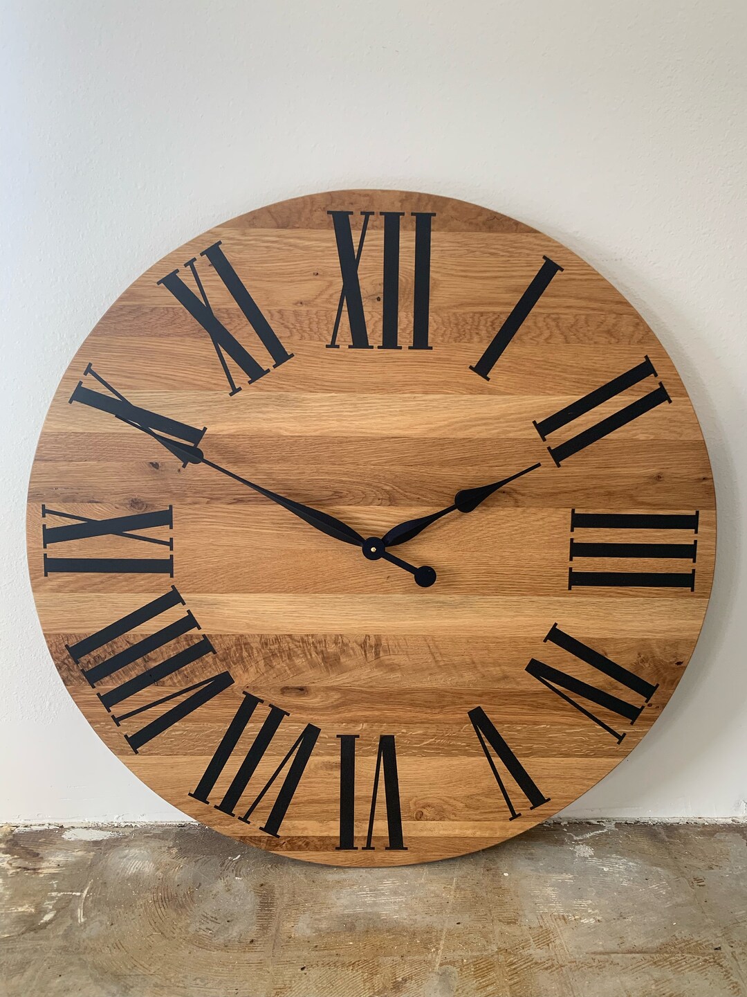 Large White Oak Clock, Large Wall Clock, Wooden Clock, Roman Numerals ...