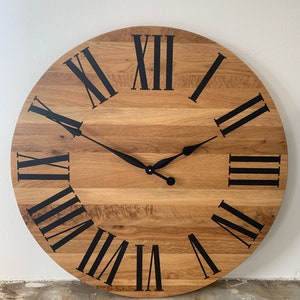 Large White Oak Clock, Large Wall Clock, Wooden Clock, Roman Numerals ...