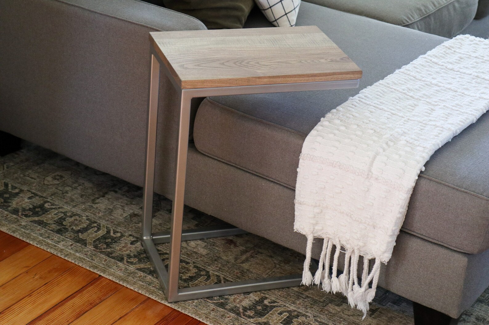 Solid Ash Wood & Silver Metal C Table With Grey Stain - Etsy