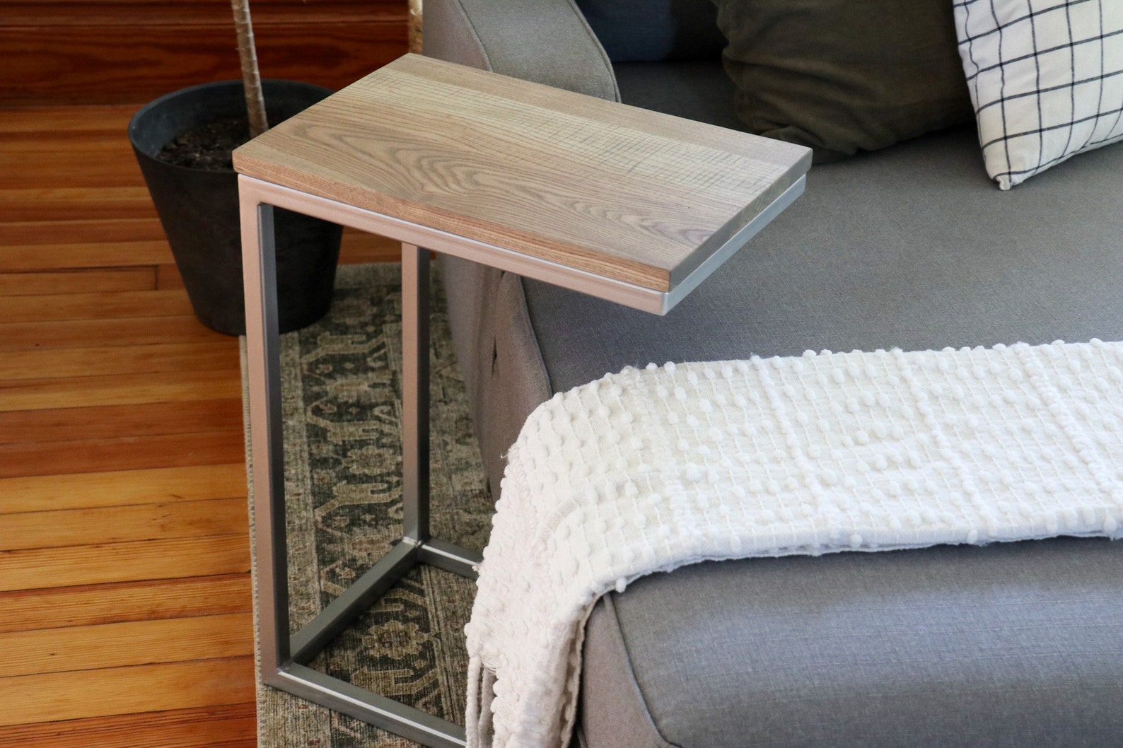 Solid Ash Wood & Silver Metal C Table With Grey Stain - Etsy