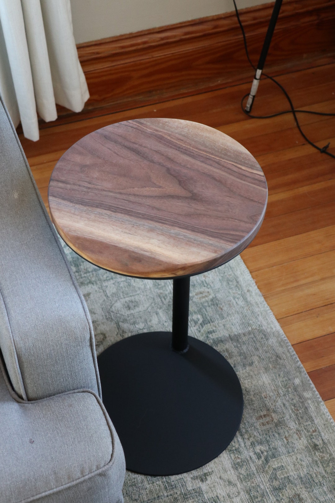 15" Live Edge Walnut Round Industrial Side Table, Live-edge Walnut End ...
