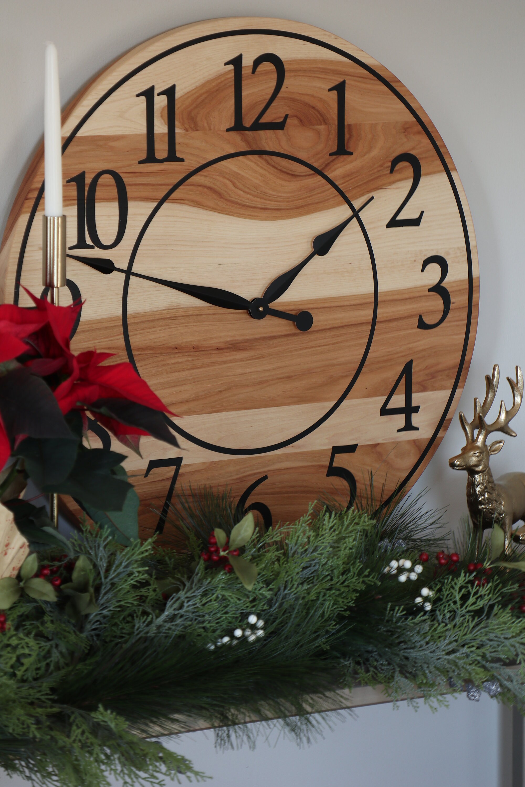 Hickory Wood Clock, Regular Numbers, Wooden Clock, Large Wall Clock ...