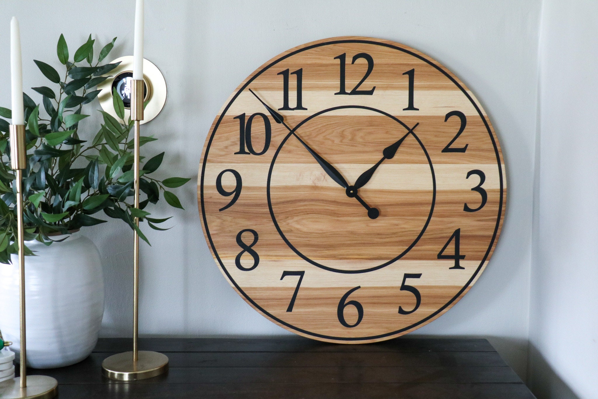 Hickory Wood Clock Regular numbers wooden clock large wall | Etsy