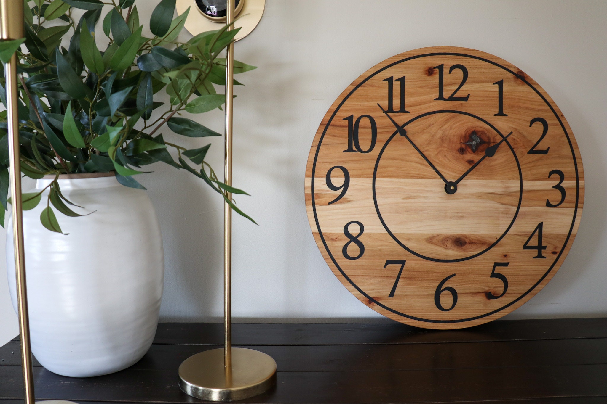 Hickory Wood Clock Regular numbers wooden clock large wall | Etsy