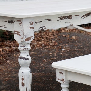 White Farmhouse Dining Table & Bench With Distressed Legs, Traditional Style, Modern, Farm Table ...