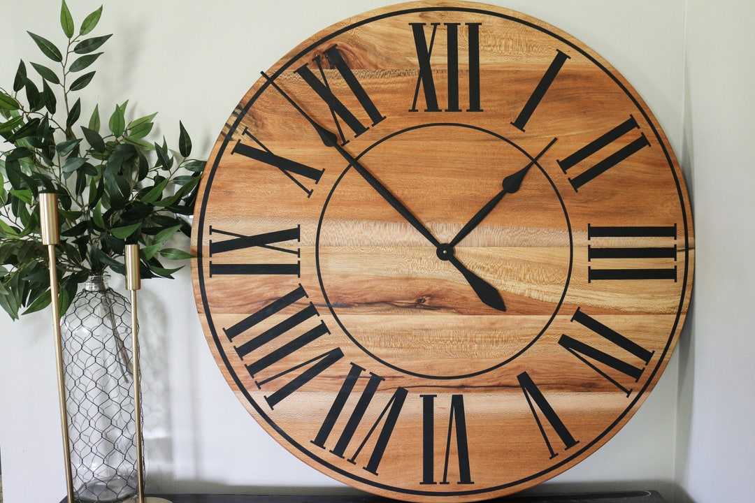 Large Wall Clock, Quartersawn Sycamore, Hardwood Clock, Roman Numerals ...