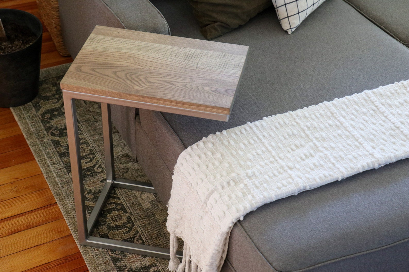 Solid Ash Wood & Silver Metal C Table With Grey Stain - Etsy