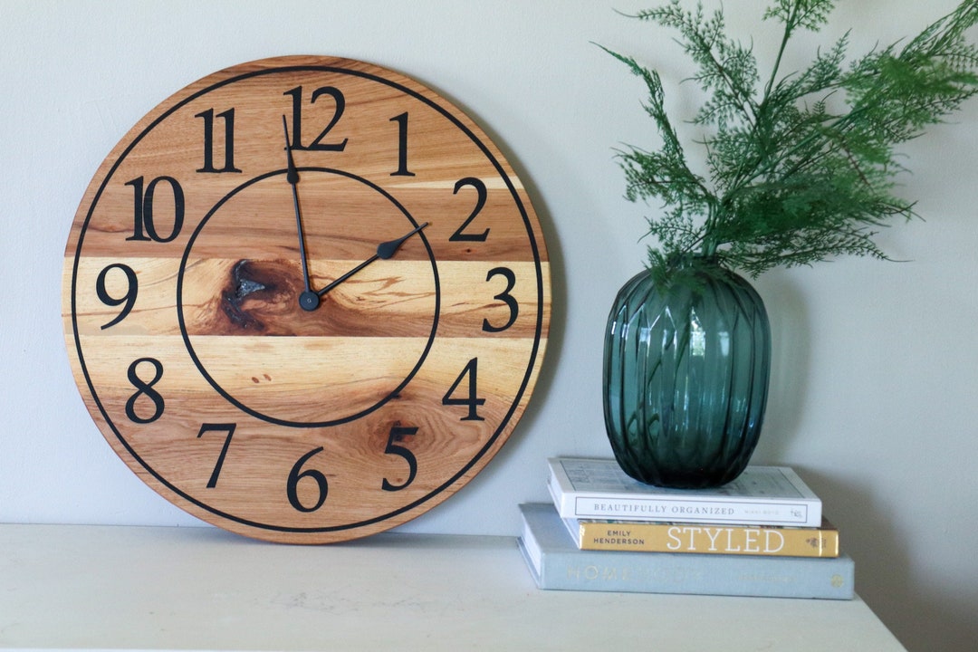 Hickory Wood Clock, Regular Numbers, Wooden Clock, Large Wall Clock (in ...