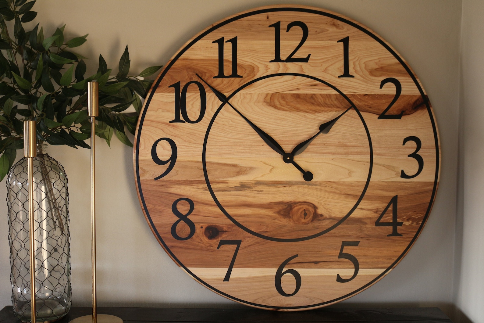 Hickory Wood Clock, Regular Numbers, Wooden Clock, Large Wall Clock ...