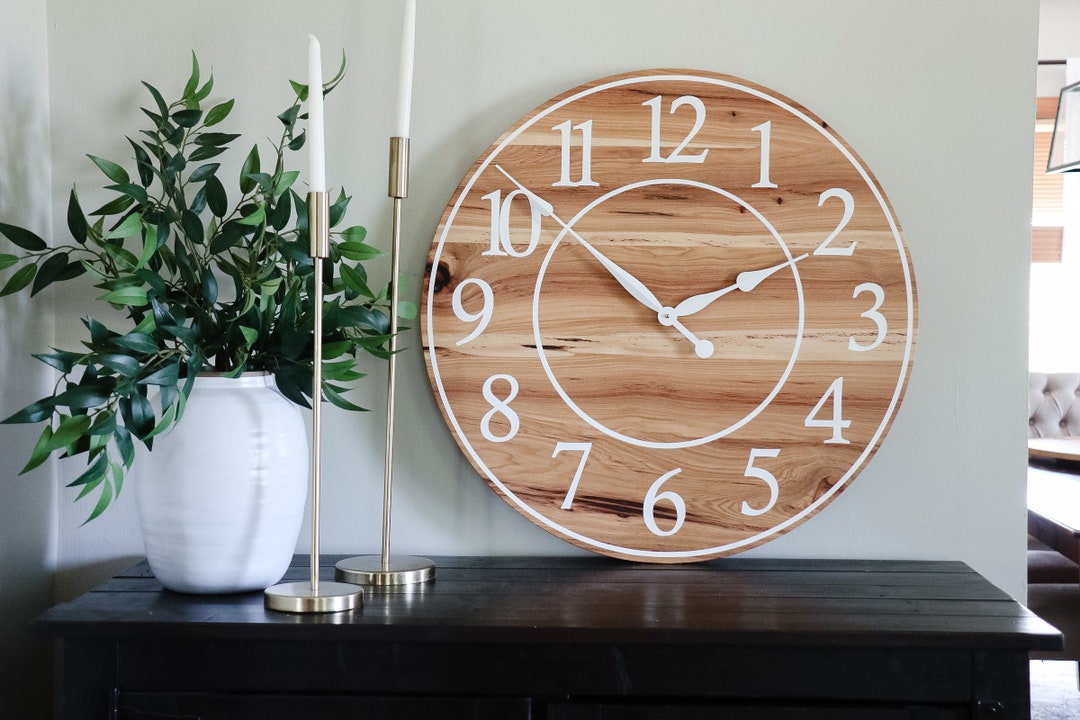 Hickory Wood Clock, Regular Numbers, Wooden Clock, Large Wall Clock ...