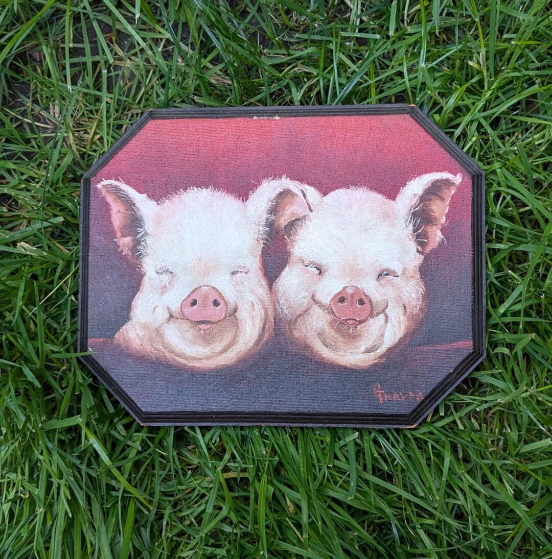 Sweet Vintage Original Oil Painting of Two Cut Pigs, Artist Signed, Pig ...