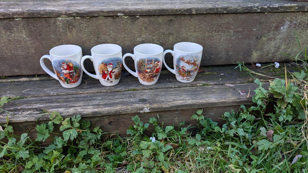 Vintage Pottery Barn Christmas Mugs, Nostalgic Santa Collection, Set of ...