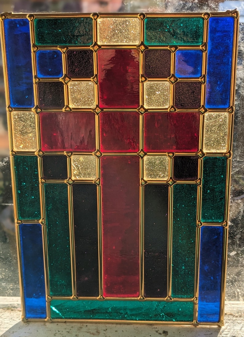Vintage Stained Glass Cross, Bright Vivid Colors, Gold Colored Metal ...