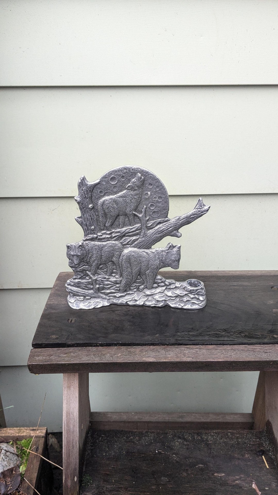 Large 9" Vintage Carson Pewter Wolves and Moon Candleholder, Beautiful ...