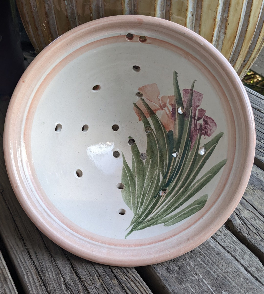 Vintage Art Pottery Ceramic Colander Strainer, Hand Painted With ...
