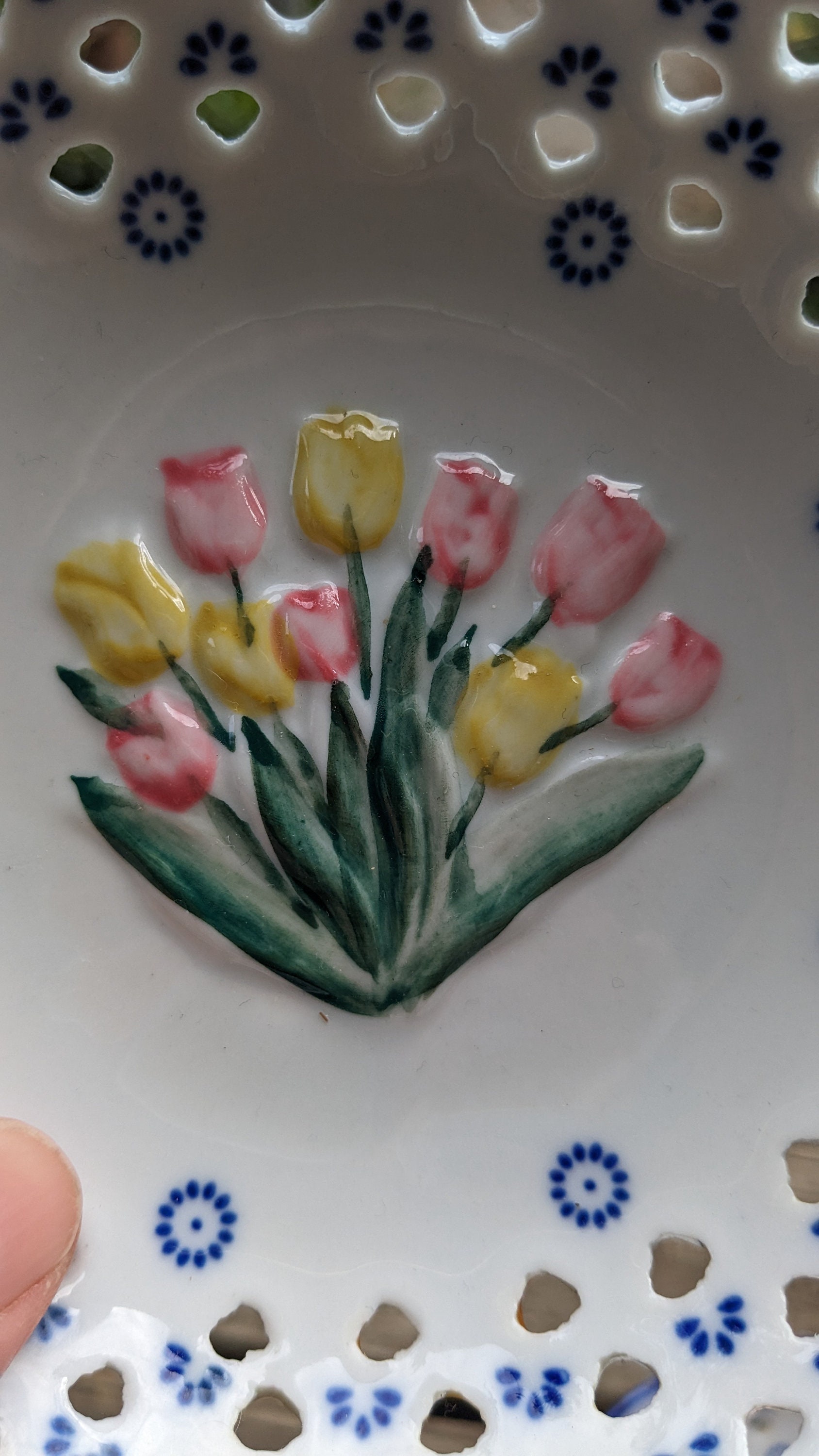 Set of Two Vintage Delftware Porcelain Blue, Hand Painted Raised Tulip ...