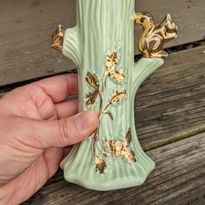Vintage Green and Gold Squirrel Tree Vase, Bud Vase, F&M Artware, Hand ...