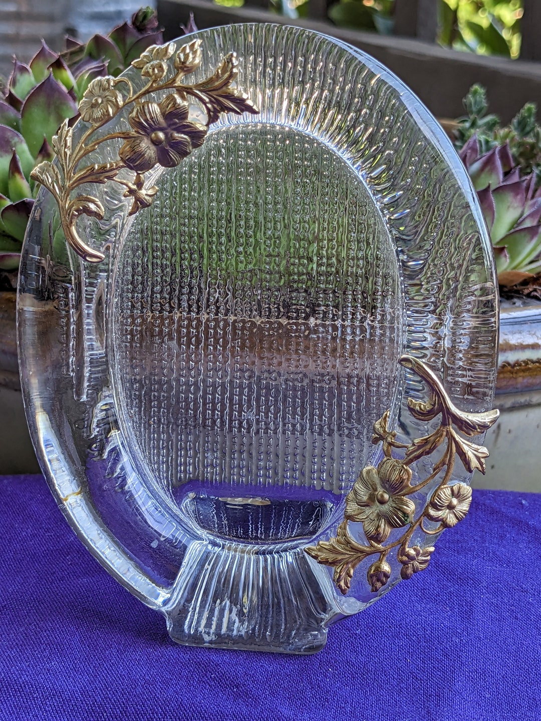 Vintage Italian Oval Clear Glass Picture Frame With Gold Metal Flowers ...