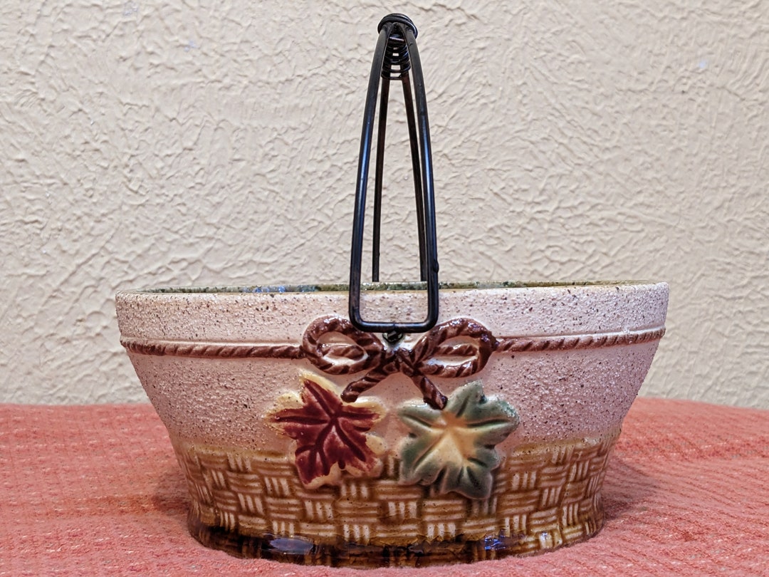 Vintage Ceramic Basket, Bowl With Metal Handle, Leaf and Basket Weave ...