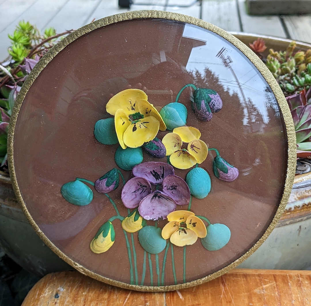 Vintage Handmade Flower Shell Art, Purple and Yellow Violets, Wall ...