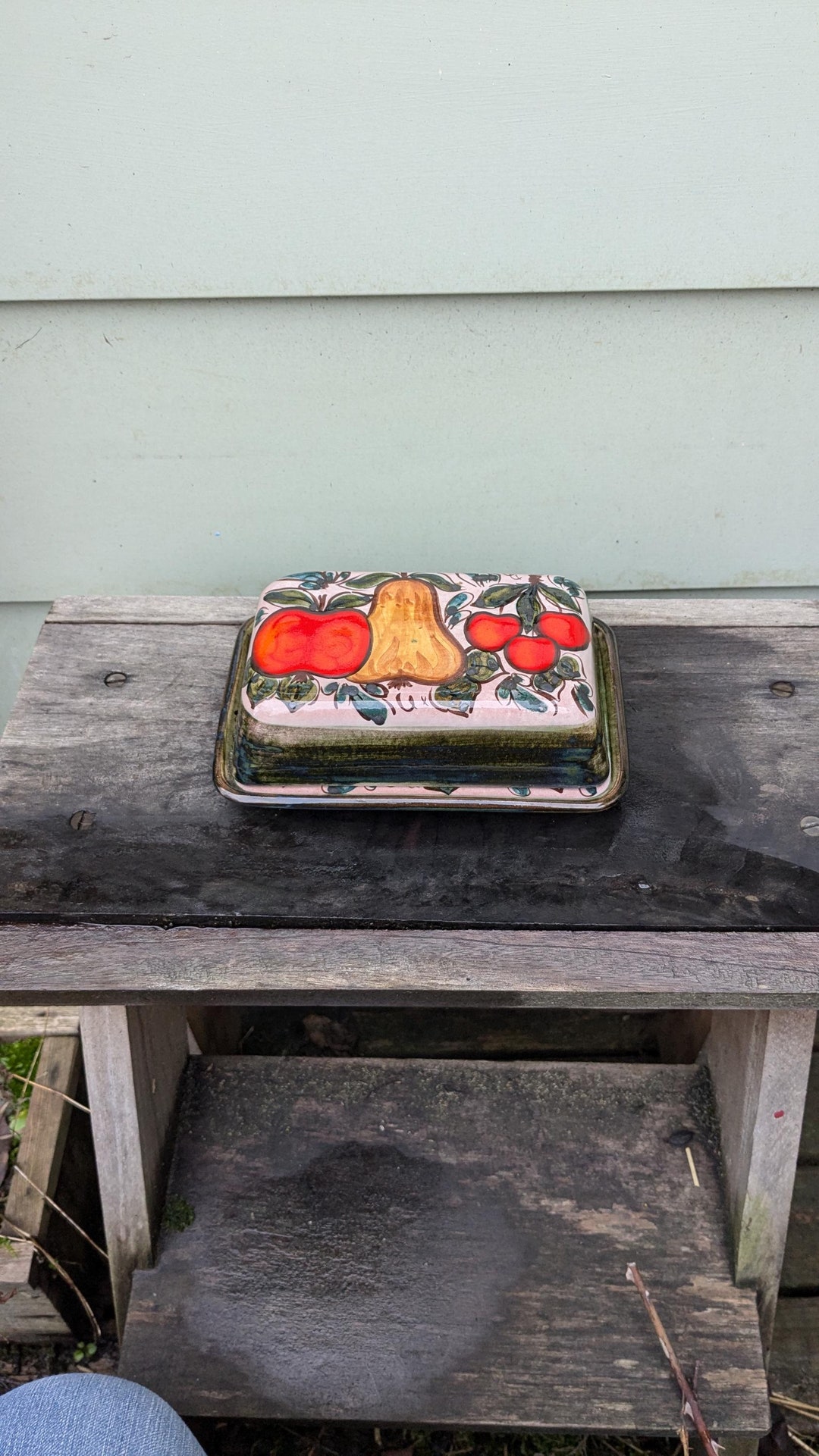 Vintage German Handarbeit Pottery Butter Dish, Hand Painted With Bright ...