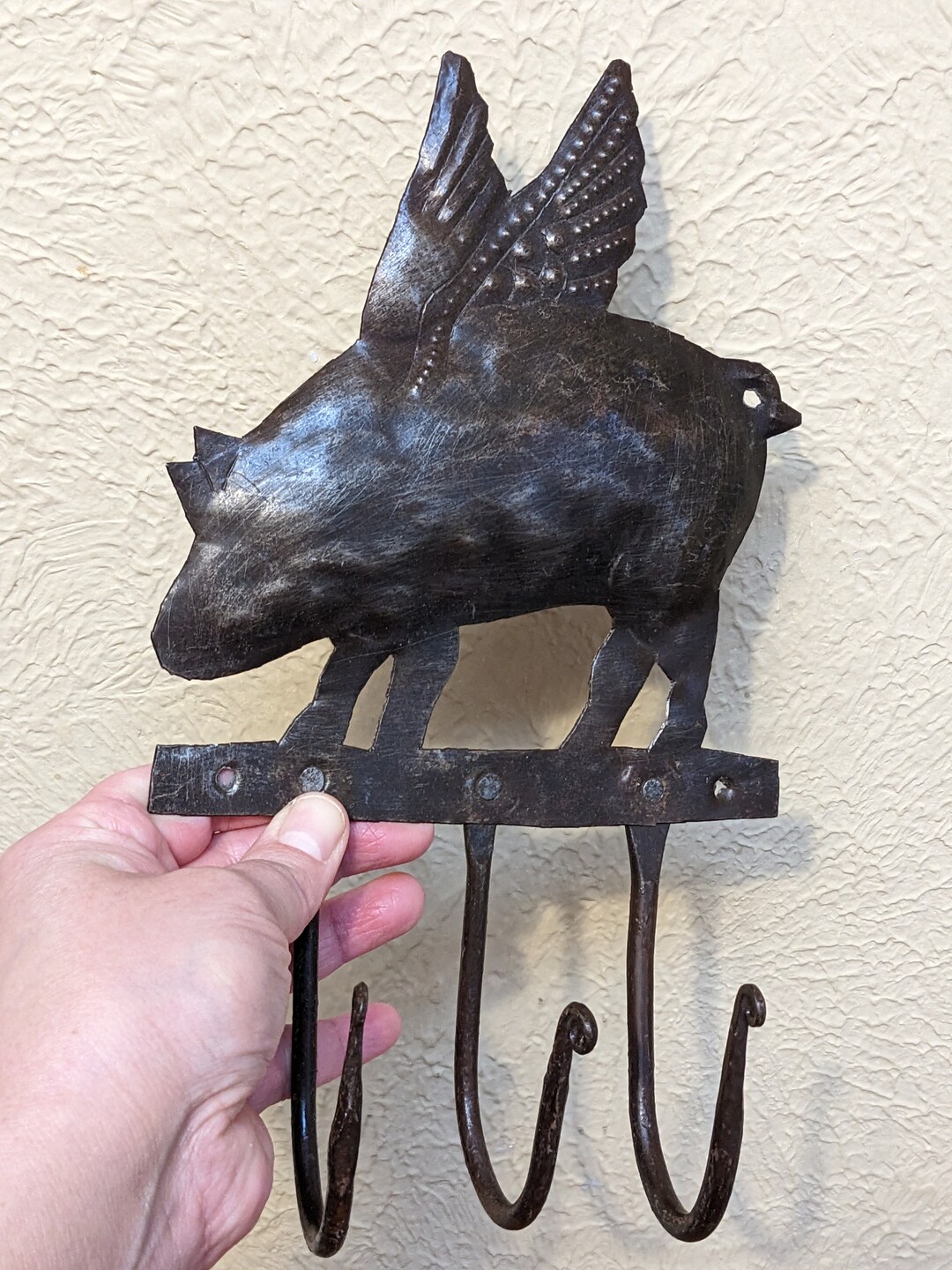 Flying Pig Wall Hanging Coat Rack Hook, Hand Hammered Metal - Etsy