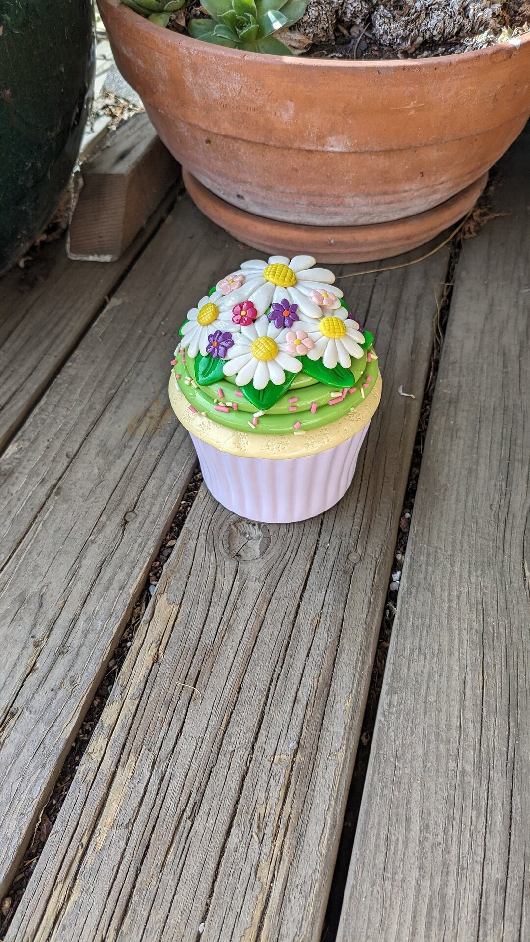 Adorable Vintage Ceramic Cupcake Trinket Dish With Lovely Clay Flowers ...