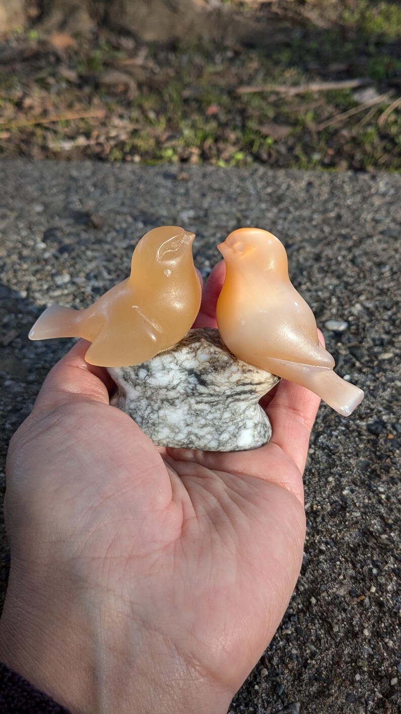 Vintage Selenite Stone Birds Figurine, Hand Carved Orange Selenite ...
