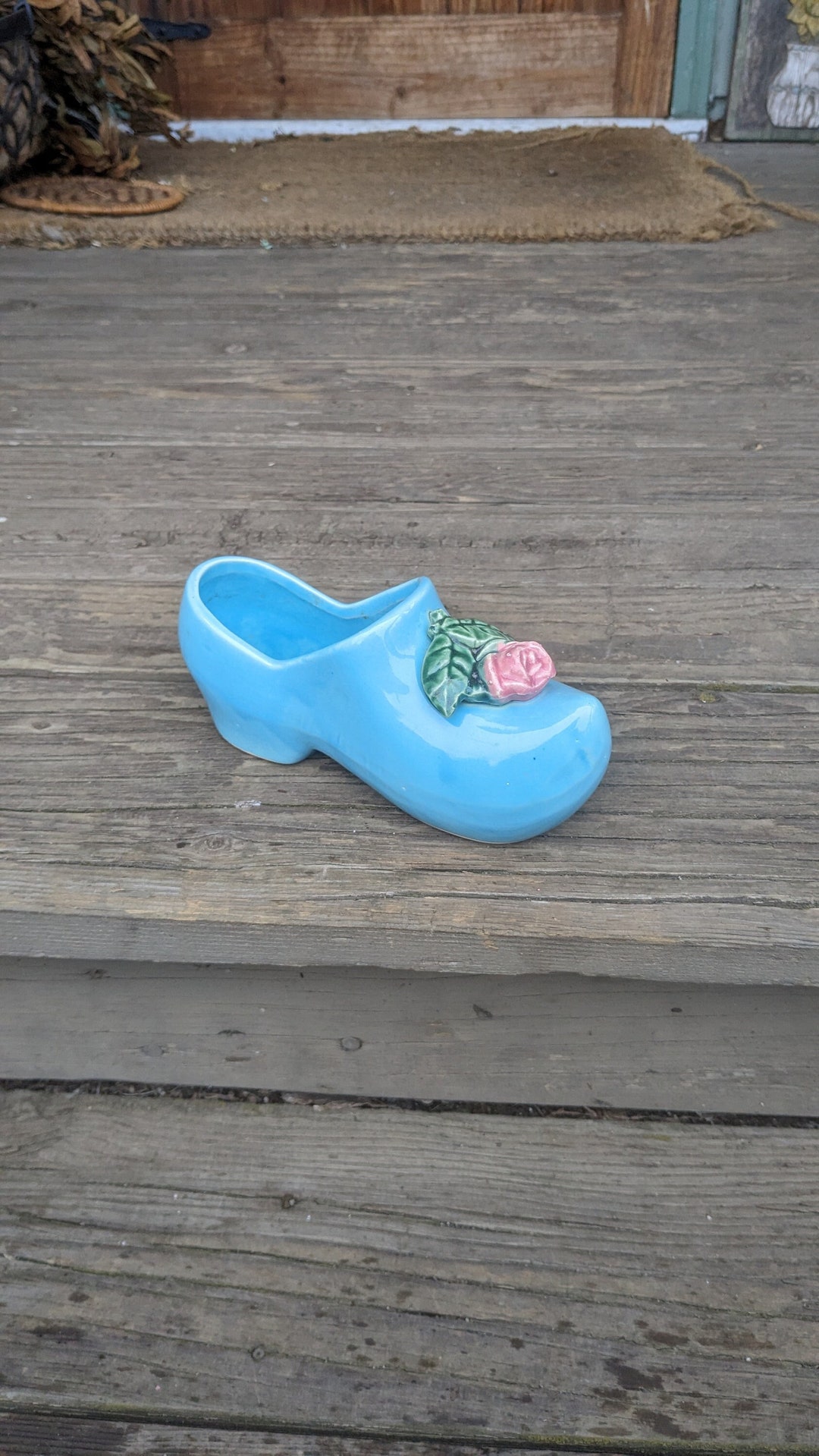 Vintage Mccoy Blue Shoe, Clog Planter With Pink Rose, 7.5" Long, Robin ...