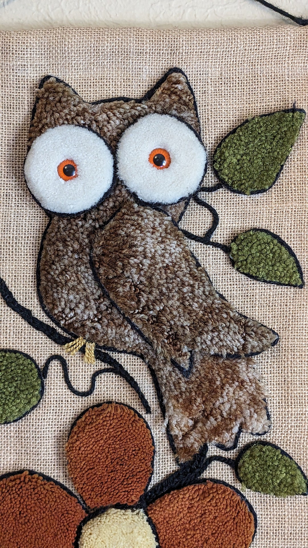 Large Vintage Owl and Flower Burlap, Carpet Fiber Wall Hanging, Wall ...