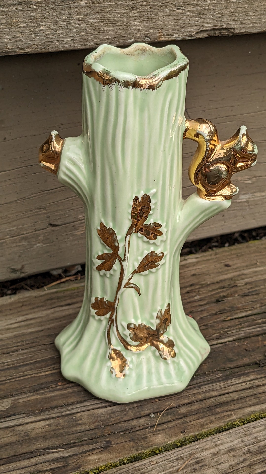 Vintage Green and Gold Squirrel Tree Vase, Bud Vase, F&M Artware, Hand ...