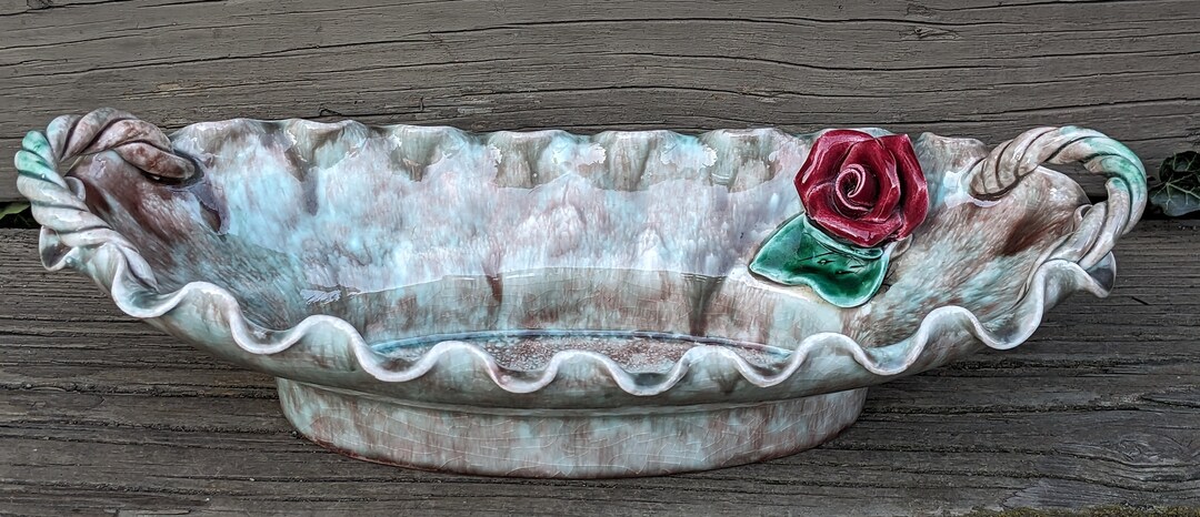 Vintage Mid Century Dish, Beaded Handles, Rose Flower - Etsy