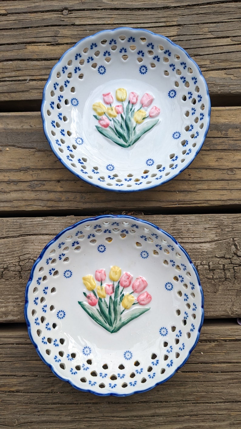 Set of Two Vintage Delftware Porcelain Blue, Hand Painted Raised Tulip ...