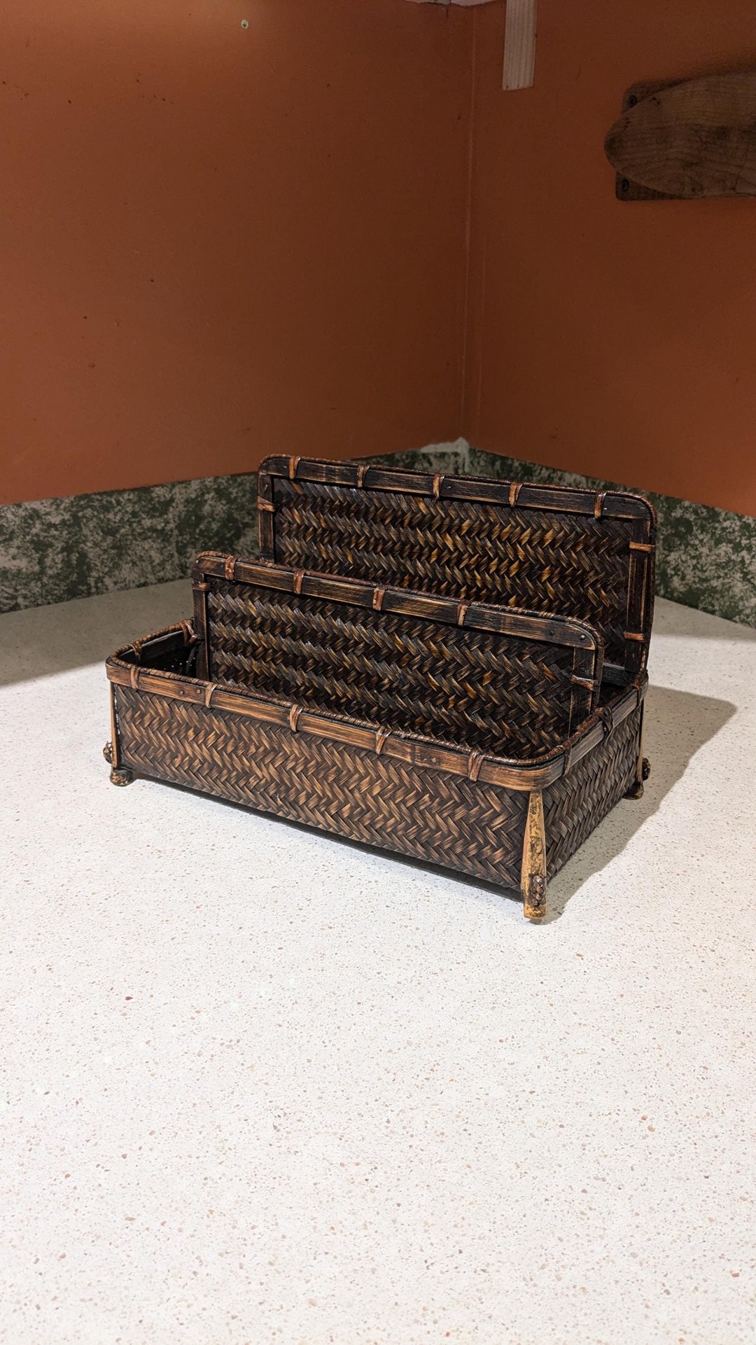 Vintage Dark Woven Rattan Letter Holder, Card Holder, Home Office Decor ...